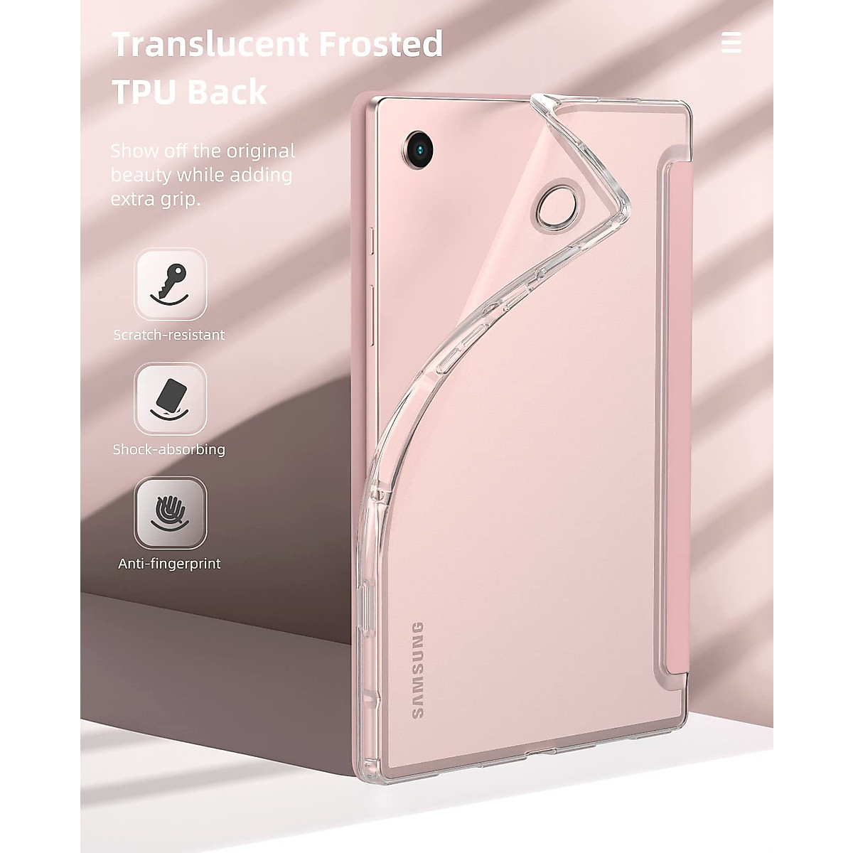 MoKo Case Fits Samsung Galaxy Tab A8 10.5 Inch 2022 (SM-X200/SM-X205/SM-X207), Slim Case Trifold Stand with Auto Sleep/Wake Function and Soft TPU Translucent Frosted Back Cover, Pink