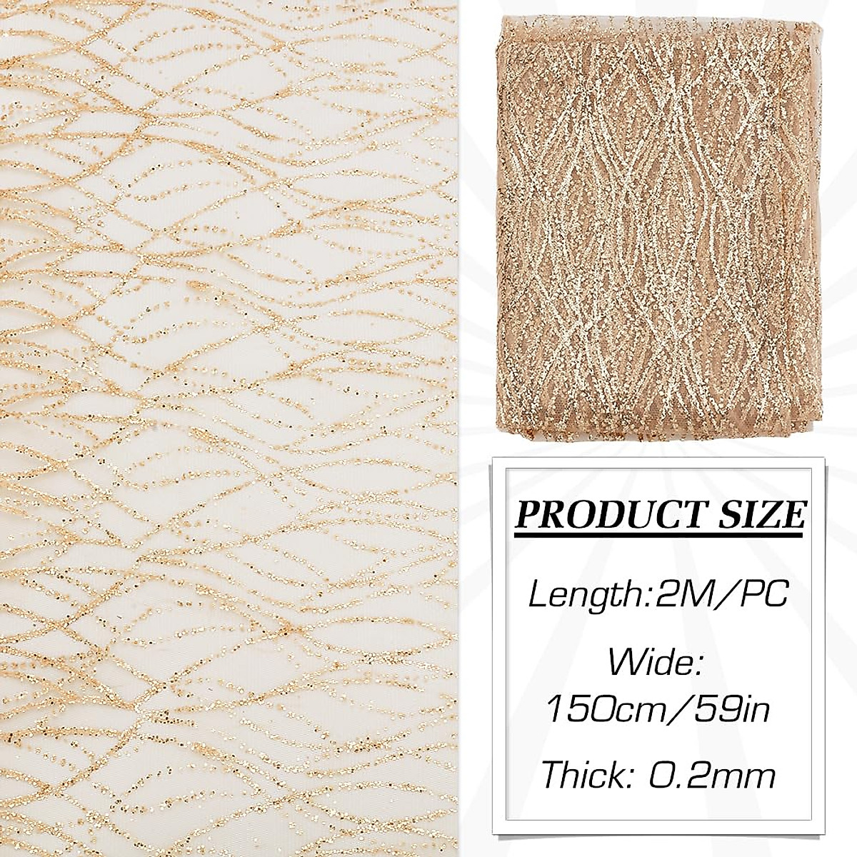 MAYJOYDIY 2Yards Gold Wavy Sequin Fabric 59inch Width Glitter Embroidered Tulle Fabric Polyester Mesh Gilded Lace Fabric for Wedding Reception, Prom, Tables, Party Costume Decoration