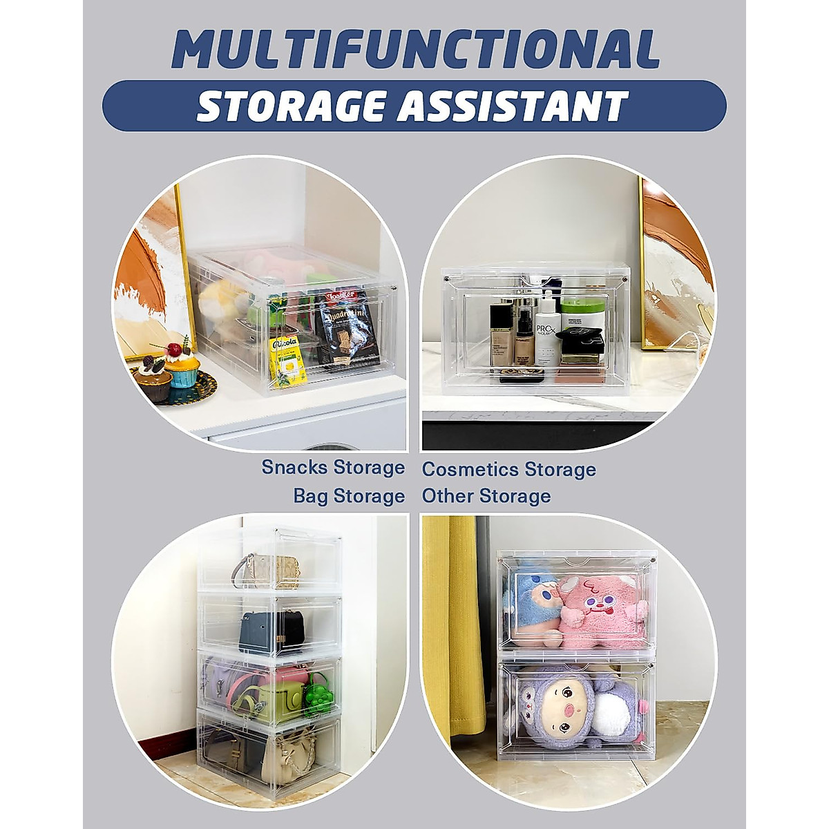 Lzerking Shoe Organizer 8 Pack with Magnetic Doors, Thickened Sturdy Boxes, Stackable Shoe Containers for Sneakers, Boots, Hats, Bags; Fits up to US Size 12 (13.3x10.5x7.4, White)