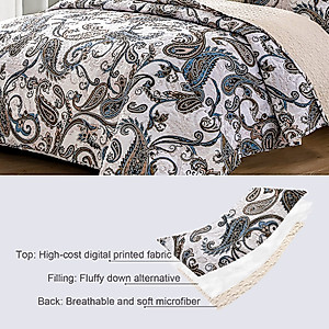 Whale Flotilla Reversible Paisley Quilts King Size, Lightweight Boho Printed Bedspreads Coverlets Quilt Bedding Set with 2 Pillow Shams for All Seasons, Bone/Grey