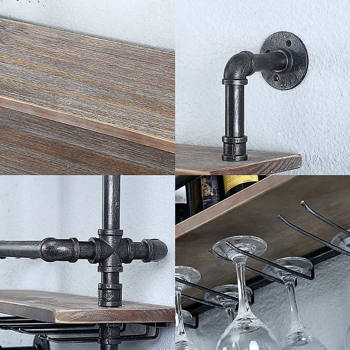 Industrial Pipe Shelf Wine Rack Wall Mounted with 5 Stem Glass Holder,24in Real Wood Shelves Kitchen Wall Shelf Unit,3-Tiers Rustic Floating Bar Shelves Wine Shelf,Steam Punk Pipe Shelving Glass Rack