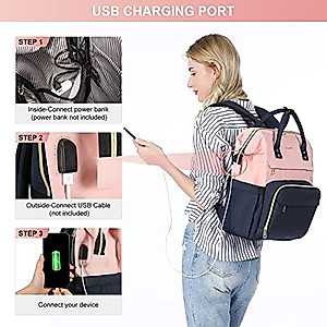 LOVEVOOK Laptop Backpack Purse for Women, 18 Inch Computer Business Stylish Backpacks, Doctor Nurse Bags for Work, Casual Daypack Backpack with USB Port, Pink-Navy