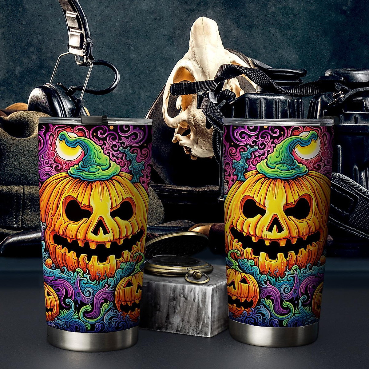 ORCAE 20oz Halloween Pumpkin Ghost Tumbler, Boo Boo Ghost, Trick or Treat, Halloween Gifts, Coffee Thermos, Stainless Steel Double Wall Vacuum Insulated Coffee Mug, Travel Cup with Lid - H