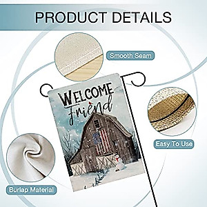 Hzppyz Welcome Friend Winter USA Country Barn Farm Garden Flag Double Sided, Snowman Cardinal Decorative House Yard Outdoor Small Patriotic Decor, Christmas Farmhouse Home Outside Decoration 12 x 18