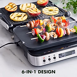 GreenPan Electric Indoor Stainless Steel 6-in-1 Contact Grill and Griddle, Healthy Ceramic Nonstick, Dishwasher Safe Reversible Plates, PFAS-Free