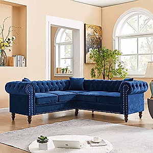 ERYE 80" Symmetrical Sectional Sofa,Button Tufted Velvet Upholstered Modular Sofa & Couch,Luxury Roll Arm Classic Chesterfield Couch,Nail Head Decor L-Shaped Corner Sofá with 3 Pillows, Blue