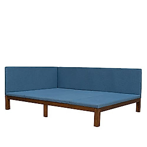 Modern Linen Upholstered Daybed Sofa Bed w/Wooden Frame&Single Side Armrest for Living Room Bedroom,Mid-century Captain Bed Platform Bed Frame w/Tufted Backrest & Under-bed Storage Space (Blue,Full)