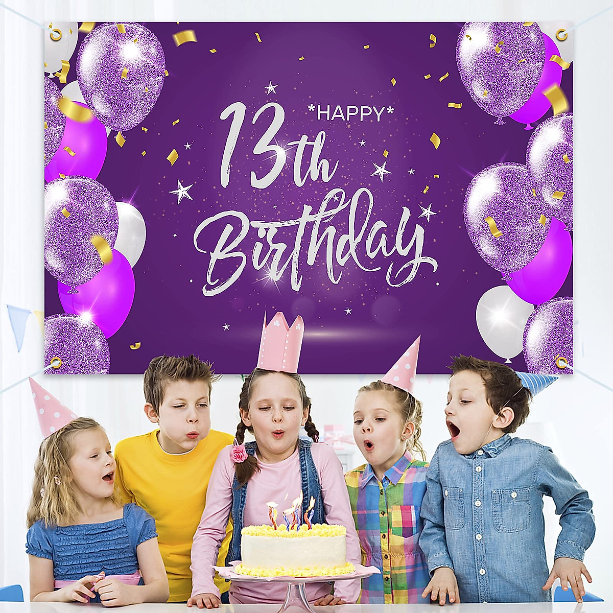 HAMIGAR 6x4ft Happy 13th Birthday Banner Backdrop - 13 Years Old Birthday Decorations Party Supplies for Girls - Purple