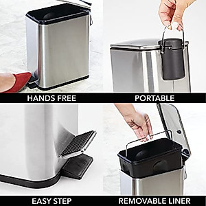 mDesign Slim Metal Rectangle 1.3 Gallon/5 Liter Trash Can with Step Pedal, Easy-Close Lid, Removable Liner - Narrow Wastebasket Garbage Container Bin for Bathroom, Bedroom - Brushed Stainless Steel