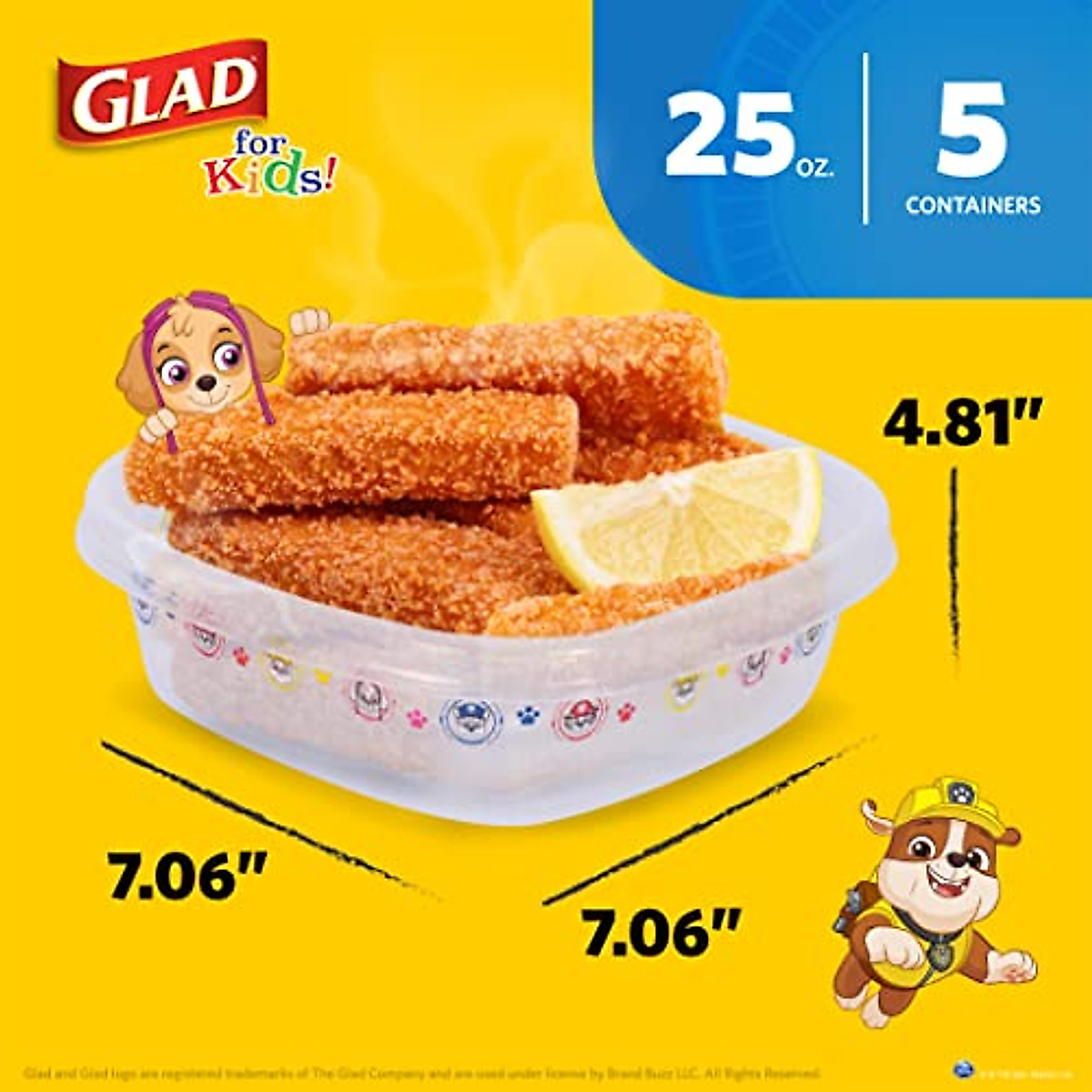 Glad for Kids Paw Patrol GladWare Medium Lunch Square Food Storage Containers with Lids | 25 oz Kids Food Containers with Paw Patrol Design, 5 Count Set | Tight Seal Food Storage Containers for Food