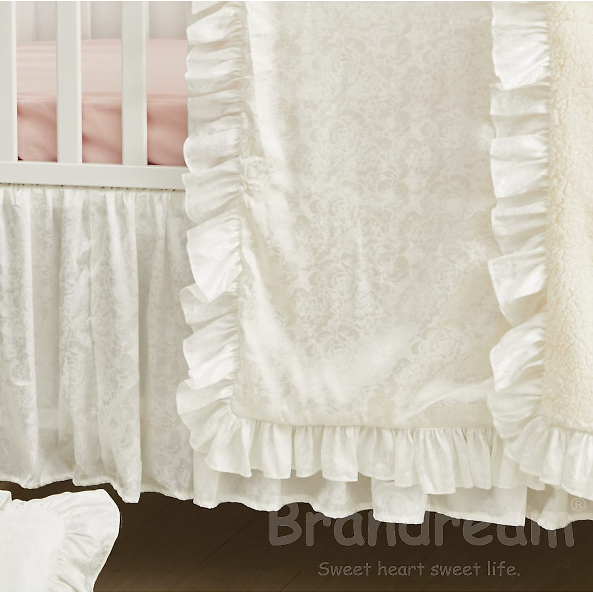 Brandream Baby Girls Nursery Bedding Beige White Blush Solid Color Crib Set Farmhouse Jacquard Rose Baby Blanket, Pink Fitted Sheet,Rose Bed Skirt & Chic Heart Pillow, 4 Pieces