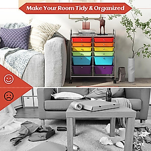 LDAILY 12 Drawer Rolling Storage Cart, Craft Cart Organizer on Wheels with Metal Frame, Large Capacity & Smooth Drawer, Rolling Cart with Drawers for Living Room, Classroom, Office (Multicolor)