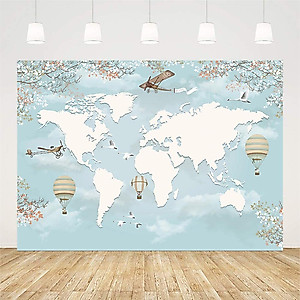 Sendy 7x5ft A New Adventure Begins Travel Backdrop Baby Shower Party Decorations for Boy World Map Around World Adventure Awaits Airplane Birthday Bridal Shower Photography Background Photo Banner