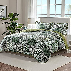 NEWLAKE Cotton Bedspread Quilt Sets-Reversible Patchwork Coverlet Set, Green Classic Bohemian Pattern,Queen Size