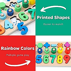 GeroCrew Wooden Montessori Toys for Kids Toddler Number Puzzles Sorter Counting Shape Stacker Stacking Game Preschool Toys for Boy Girl Learning Education Math Blocks 1 Year Old Girl Gifts (Rainbow)