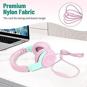 rockpapa Share 1 Kids Headphones Wired with Microphone & Share Port, 85dB/94dB Volume Limited, Cute Foldable Student Child Boys Girls Headphones for School/Classroom/Travel Pink/Green