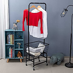 ALIMORDEN Laundry Cart with Clothes Rack, Rolling Laundry Butler with Wire Storage Rack，Black