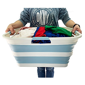 SAMMART 42L (11 gallons) Collapsible Plastic Laundry Basket - Foldable Pop Up Storage Container/Organizer - Portable Washing Tub - Space Saving Hamper/Basket (1, Grey/Sterling Blue)