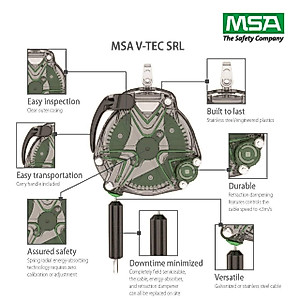 MSA 63206-00A V-TEC Standard Self Retracting Lanyard - Galvanized Cable - 20' (6m) Length, 3/16" Cable Diameter, Steel Swivel Snaphook, Clear Housing, Durable