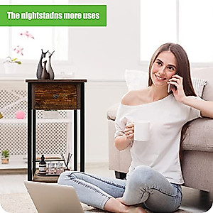 ECOMEX 2-Tier Nightstand Side Table with Wooden Drawer and Open Wooden Shelf Solid Metal Legs Rustic Brown Industrial Wooden Bed Side Table for Bedroom Living Room Small Space, Tall