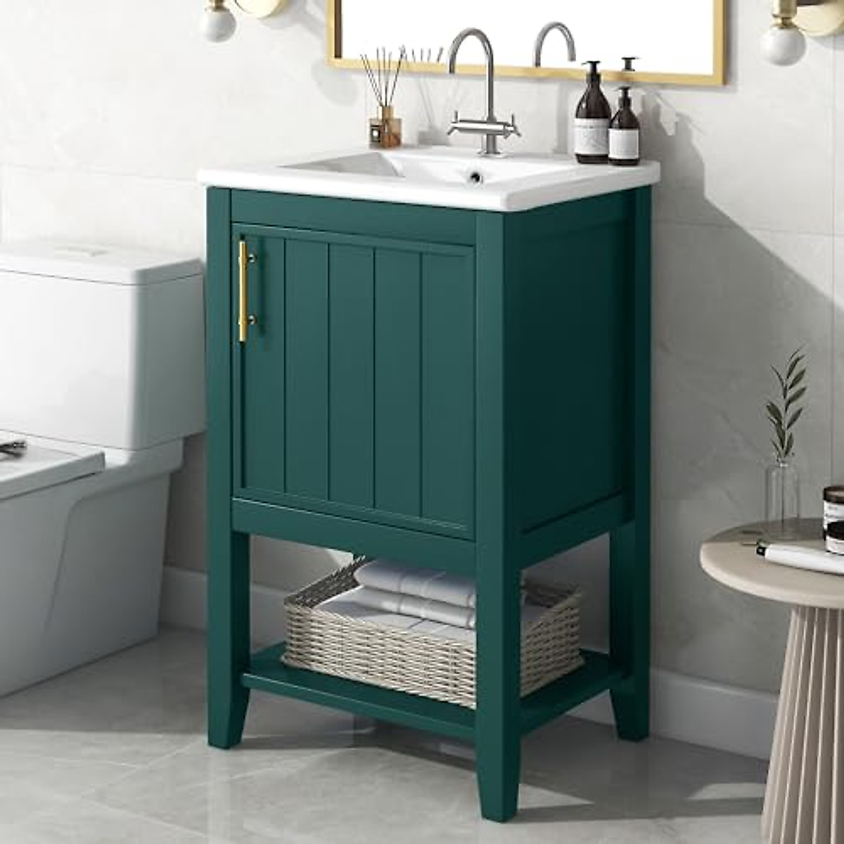 20" Freestanding Bathroom Vanity with Ceramic Sink, Wood Bathroom Storage Cabinet with Soft Closing Door, Storage Rack and Open Shelf Bathroom Vanity Sink Combo for Small Space, Green