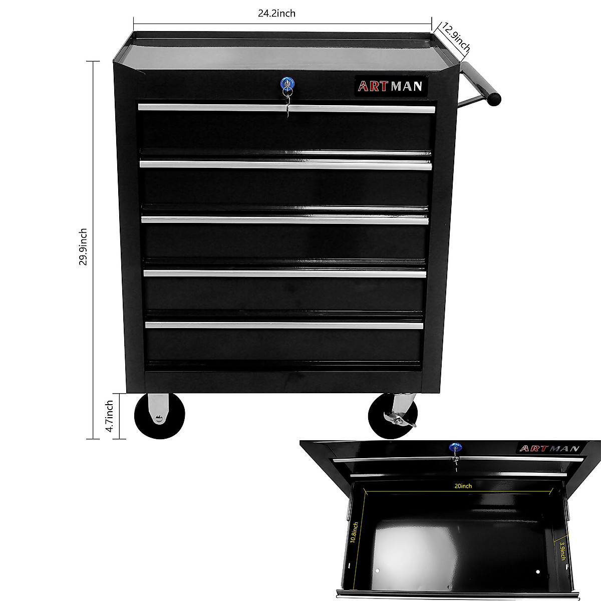 SEHAONOHOME 5 Drawers Rolling Tool Chest Cabinet with Wheels, Tool Storage Cabinet and Tool Box Organizer for Garage Warehouse Workshop, Black