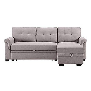 BOWERY HILL Light Gray Linen Reversible/Sectional Sleeper Sofa with Storage for Small Space