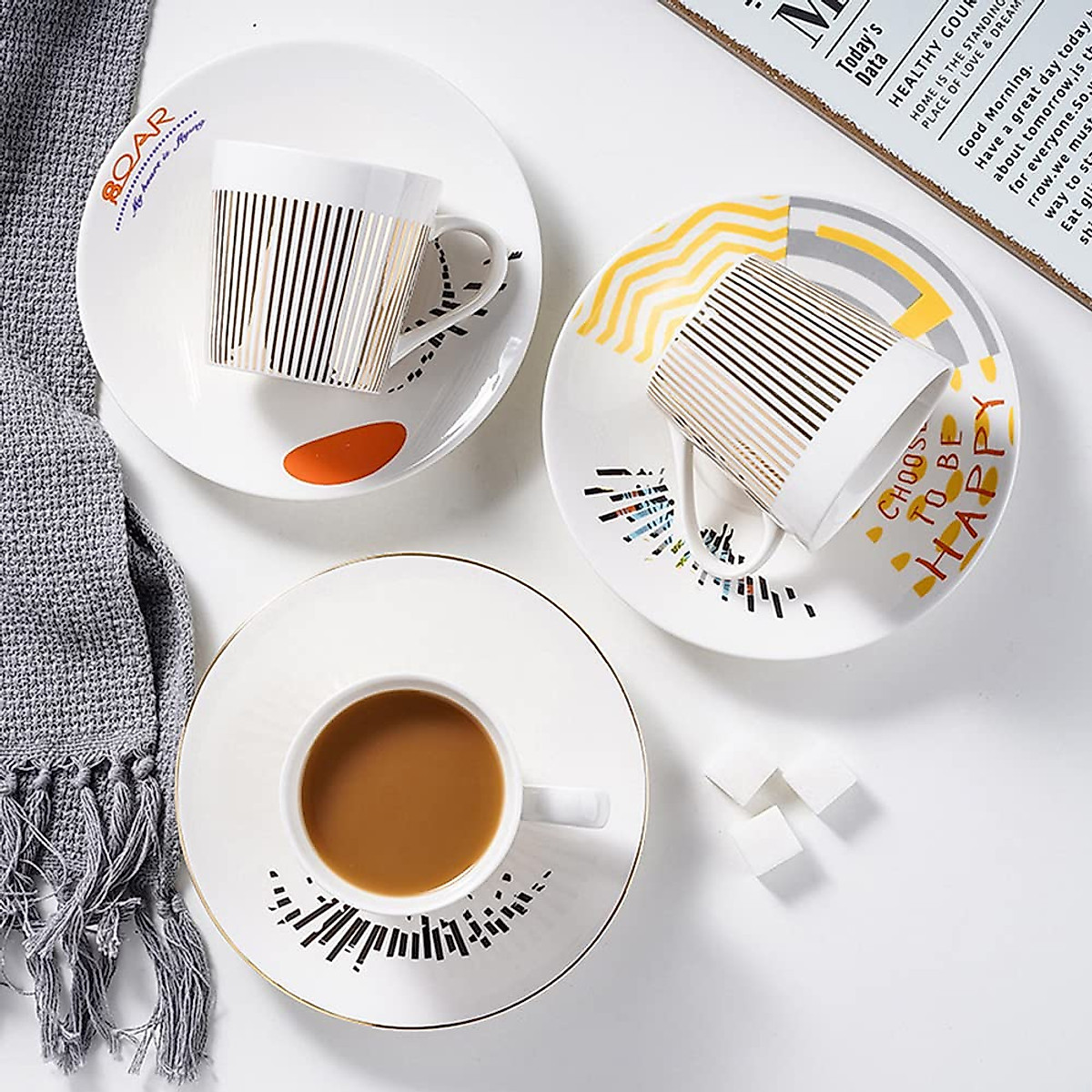 Hansyelect Coffee Cup and Saucer Set 10oz Mirror Cup Creative Art Mirage Inverted Image Cup Luxury Porcelain Teacup Saucer for Coffee Milks Cappuccino Espresso Tea Cute Pretty Gifts (Dynamic)