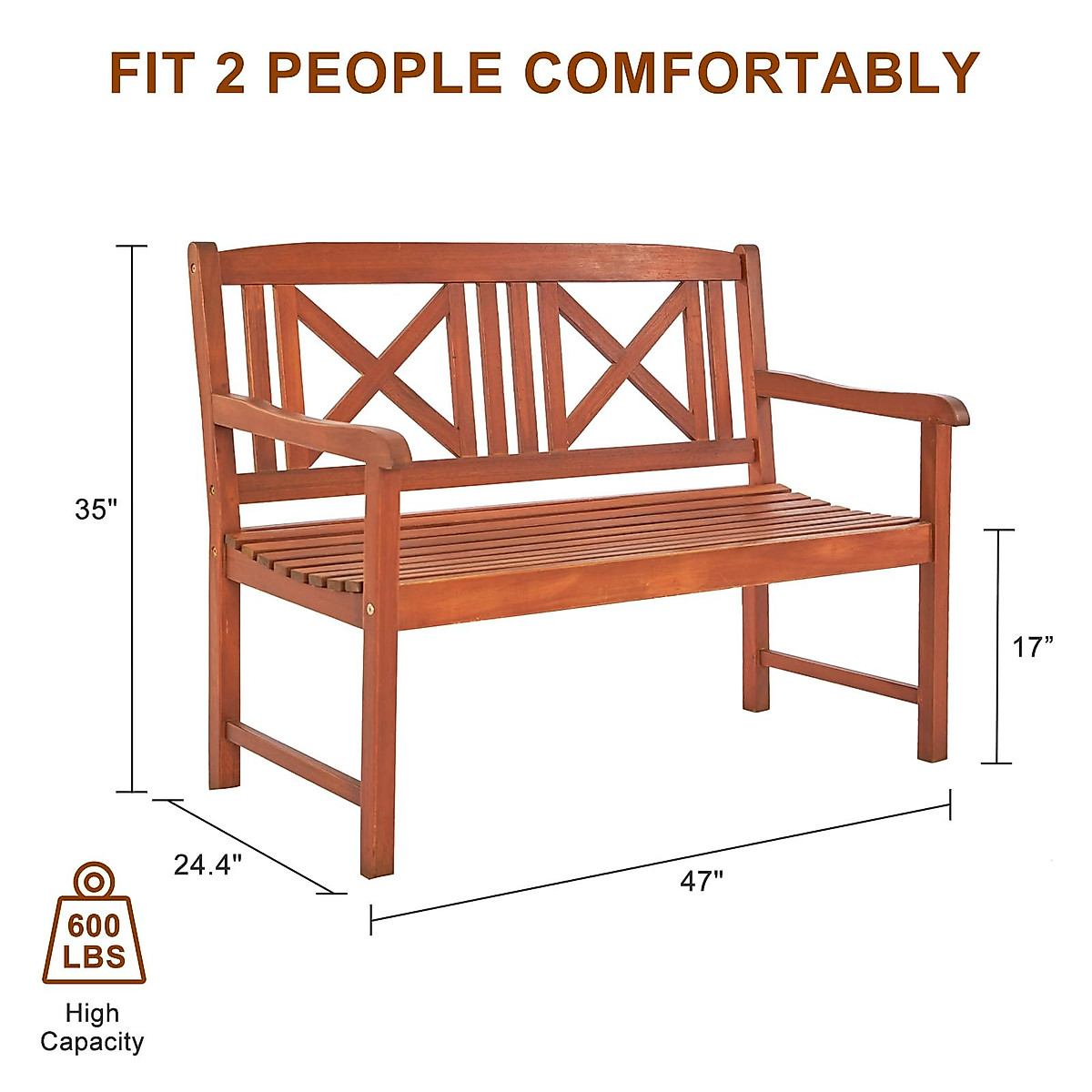 VINGLI 47” Outdoor Bench Acacia Wood Porch Bench, Wooden Bench Outdoor for Poolside Balcony Backyard