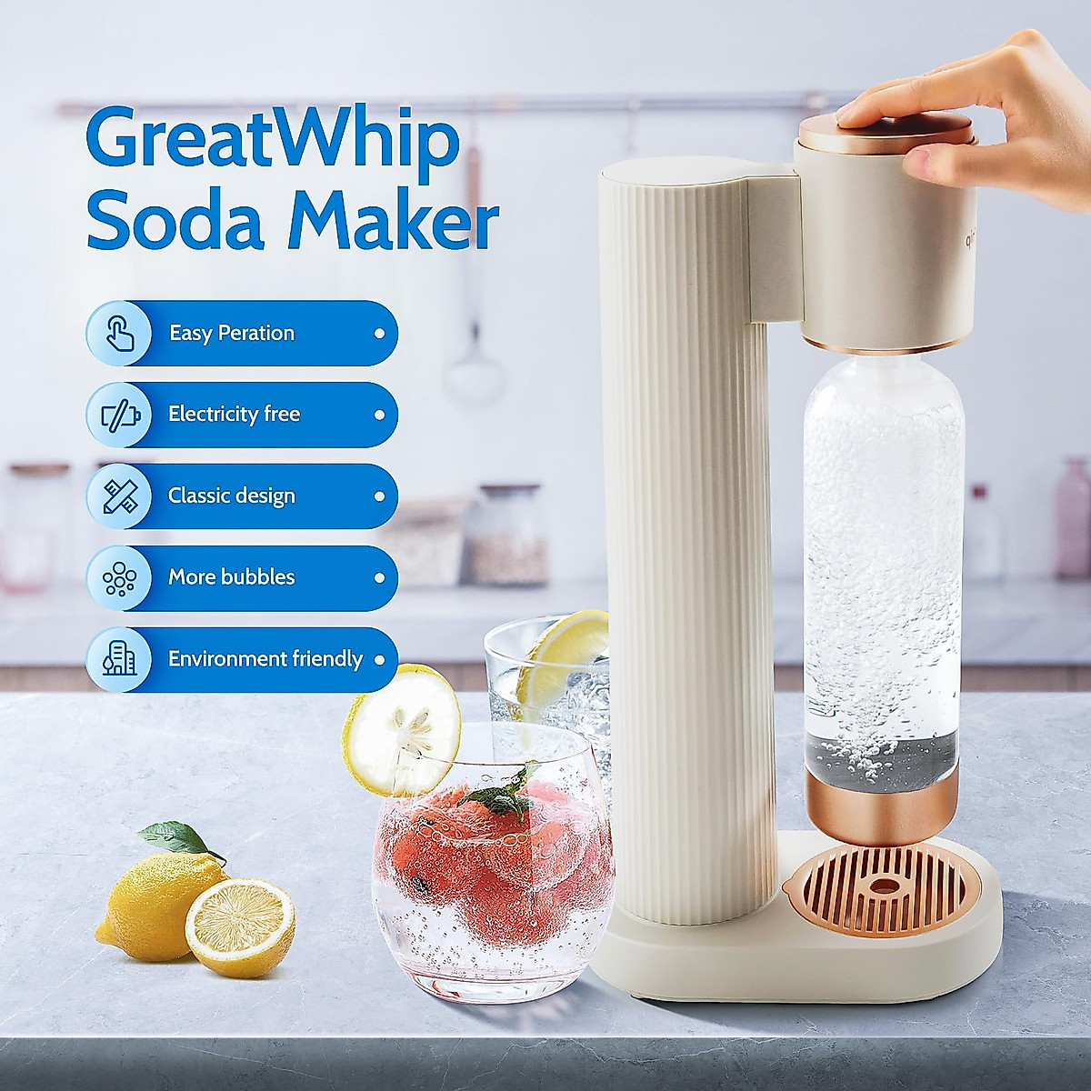 GreatWhip Sparkling Water Maker Soda Maker Machine for Home with 1L BPA Carbonating Bottle Compatible with Any Screw-in 60L CO2 Exchange Carbonator (NOT Included) Black