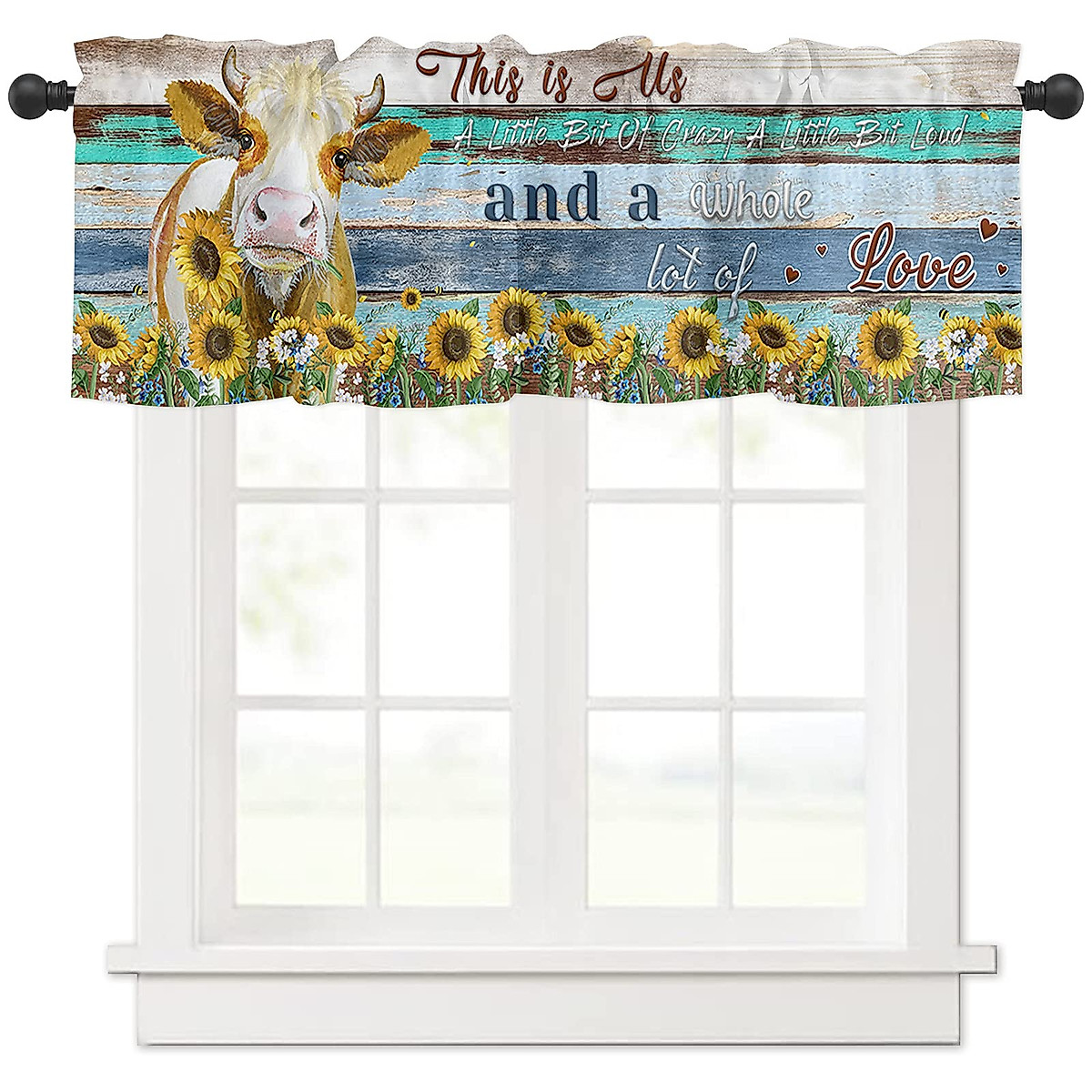 ZEREAA Farmhouse Cows with Sunflower Wooden Texture Privacy Decorative Rod Pocket Short Window Valance Curtains for Kitchen, Living Room, Bedroom, Bathroom 54" W x 18" L