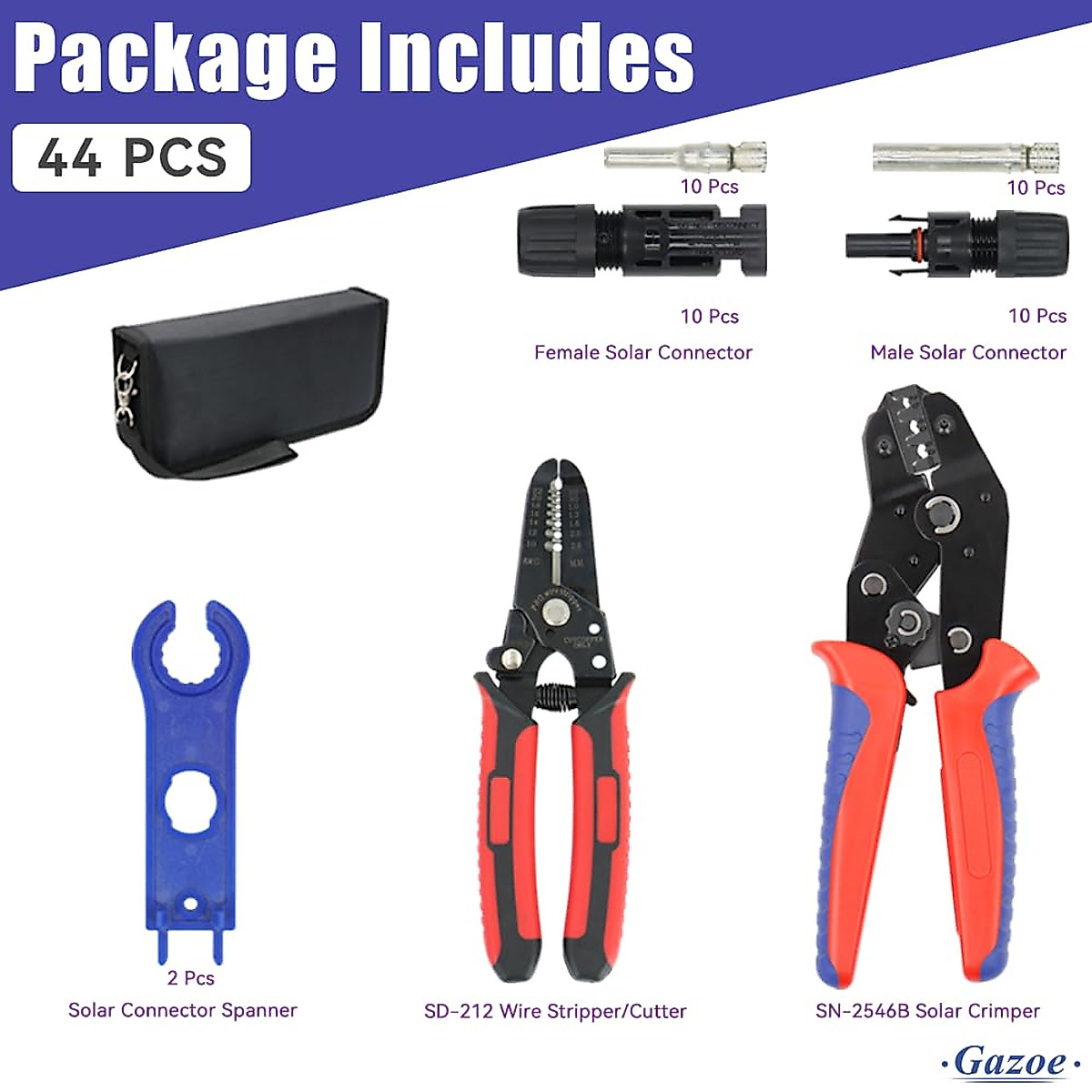 Gazoe Solar PV Panel Crimping Tool Kit with Crimper Stripper and 10 Pairs Solar Connectors and 1Pair Solar Connector Spanner Wrench, Solar Crimper Tool works for AWG14-10,2.5/4/6mm²