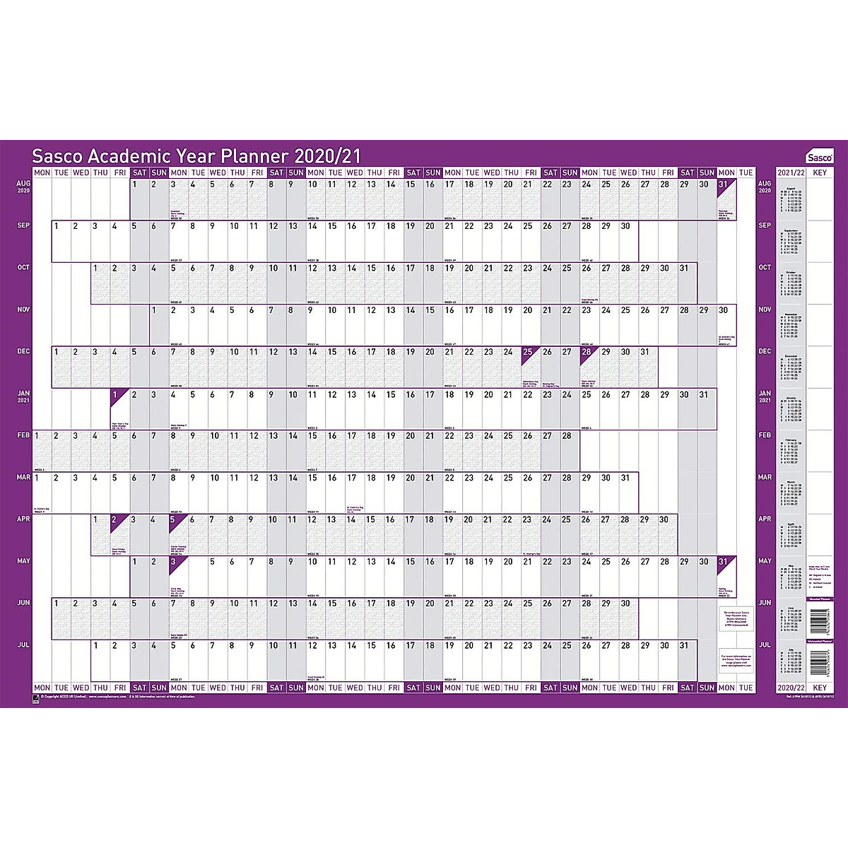 Sasco 2410112 2020/21 Board Mounted Academic A1 Wall Planner with Wet Wipe Pen & Sticker Pack, 610 x 915 mm (H x W)
