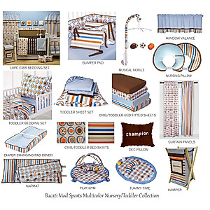 Bacati - 2 Pack MOD Sports Boys 100% Cotton Percale Universal Baby US Standard Crib or Toddler Bed Fitted Sheets (Stripes, Blue Orange Chocolate Brown)