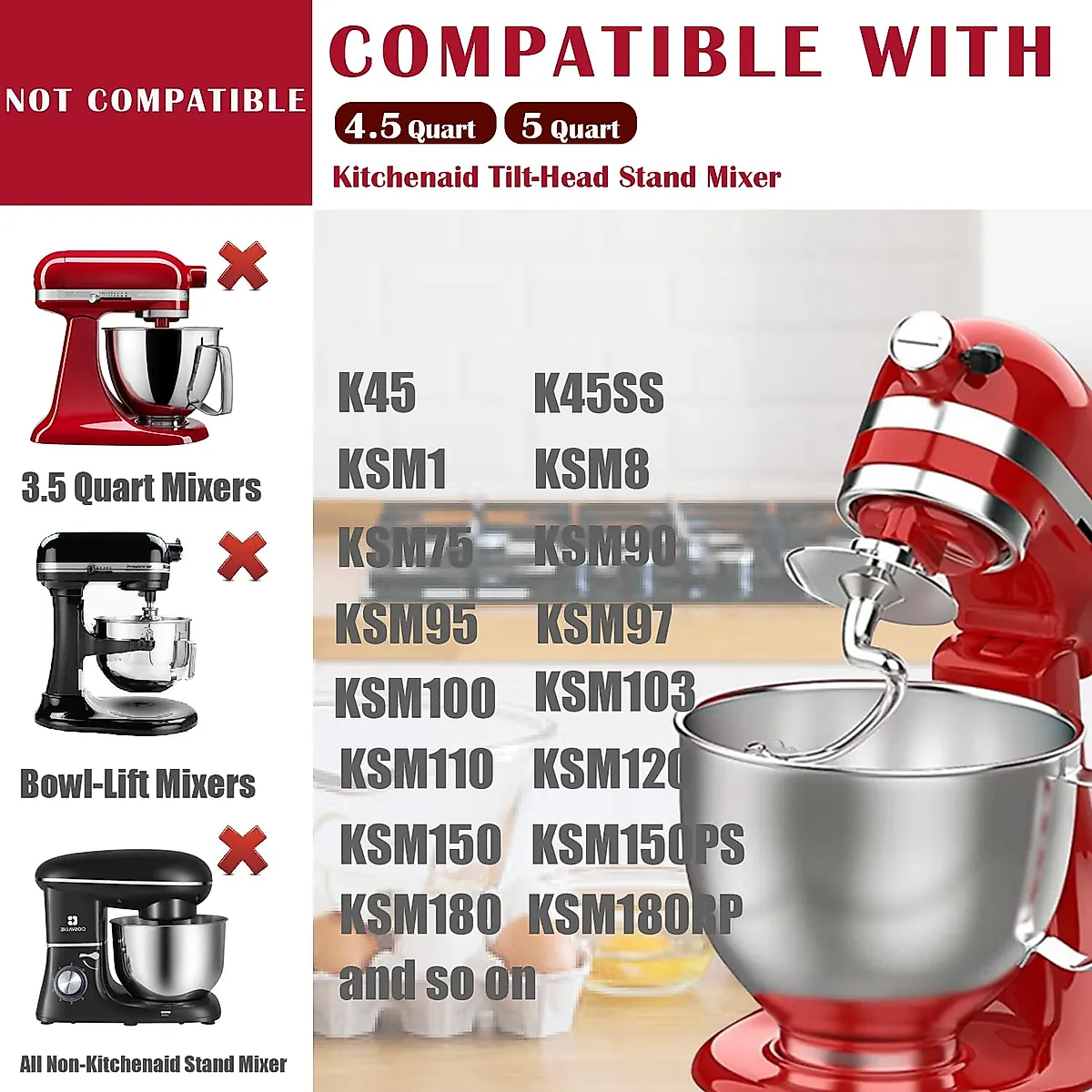 EGNic Stainless Steel Dough Hook Attachment for Kitchenaid 4.5-5 Quart Tilt-Head Stand Mixer, Spiral Dough Hook Replacement for Kitchenaid Mixers Accessories