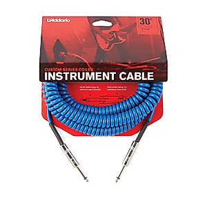 D’Addario Accessories Custom Series Coiled Guitar Cable - Coiled Instrument Cable with Nickel Plated ¼ Inch Ends - Warm, Vintage Look & Tone - 30ft (10ft Coiled) - Blue