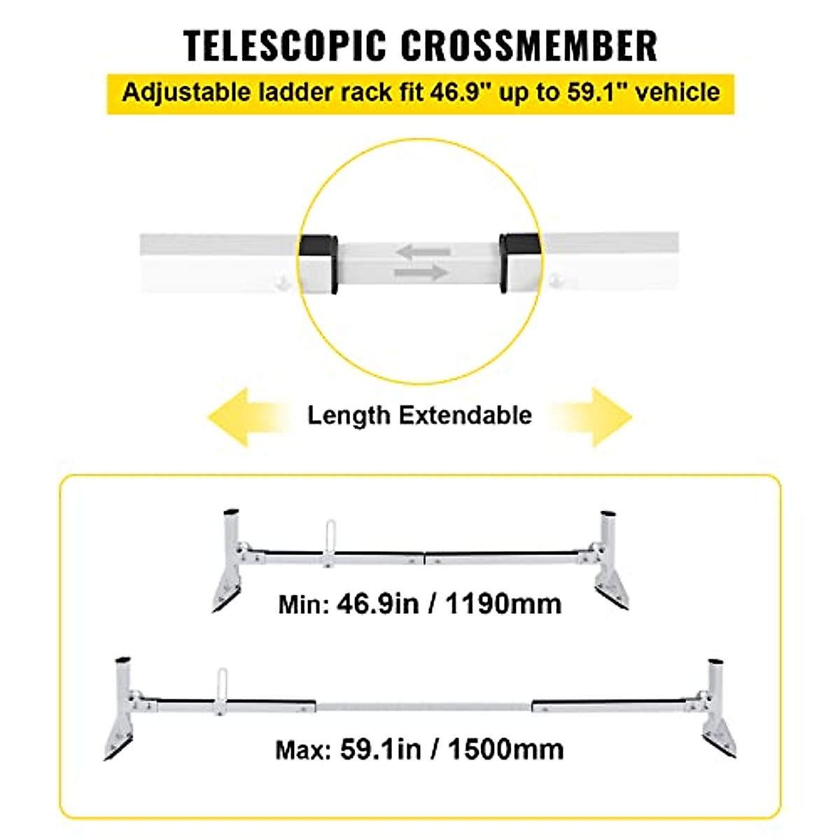 VEVOR Van Roof Ladder Rack, 3 Bars, 661 LBS Capacity, 46.9"-59.1" Adjustable Middle Bar Steel Roof Racks, Rain-Gutter Mount Racks Fit Most Van Rails, Universal Design, White