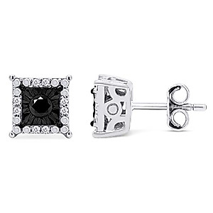 1/4 ctw Black Natural Diamond Square Frame Halo Cluster Miracle-Set Stud Earrings Womens 14k White Gold Over Sterling Silver (Black Color, I2-I3 Clarity, 0.25 Cttw)