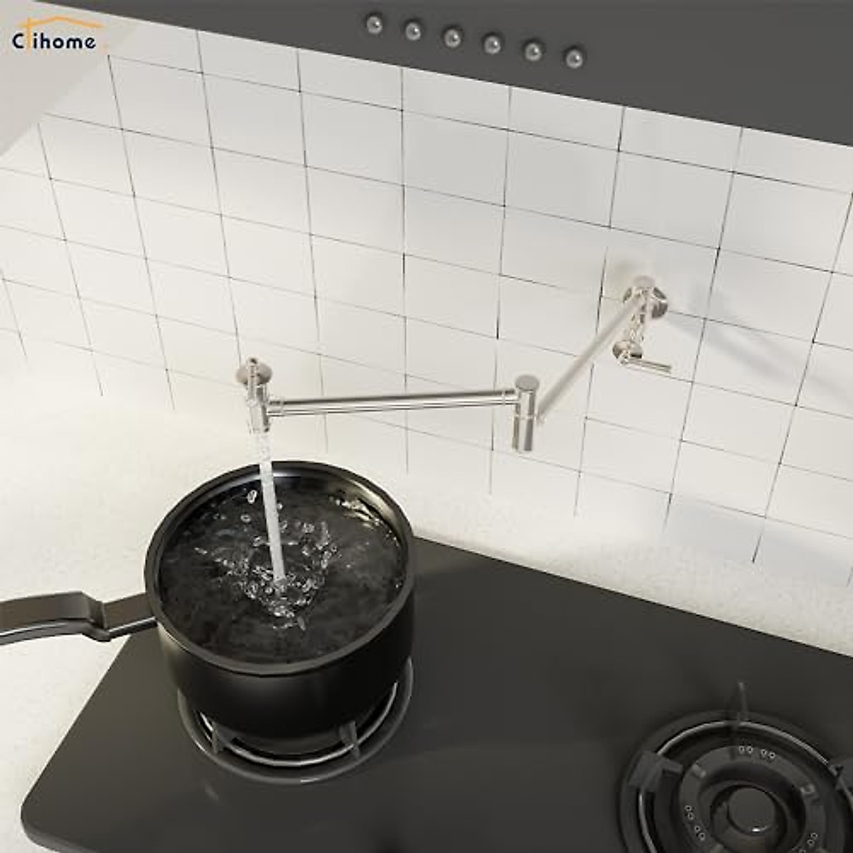 Double Handles Folding Pot Filler Kitchen Faucet with 360 Degrees Swing Arm Single Hole Brass Wall Mount Pot Filler Facuet Dual Joints Brushed Nickel