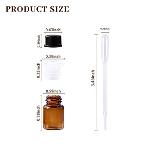 HWASHIN 100 Pack 2ml (5/8 Dram) Amber Mini Glass Essential Oils Sample Bottles with Black Caps for Essential Oils, Perfumes & Lab Chemicals (30ml Measuring Cup and 5 Droppers Included)