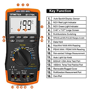 BTMETER BT-770K Auto Ranging Automotive Multimeter for Dwell Angle Pulse Width Tach Temperature Duty Cycle Voltage Current Resistance Test