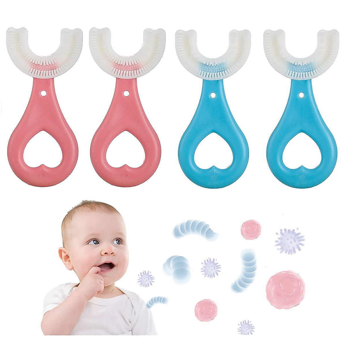 4PCS Kids U-Shaped Toothbrush,360° Toothbrush Kids,Food Grade Soft Silicone Brush Head,Oral Teeth Cleaning Design(Blue+Pink, 2-6 Ages)