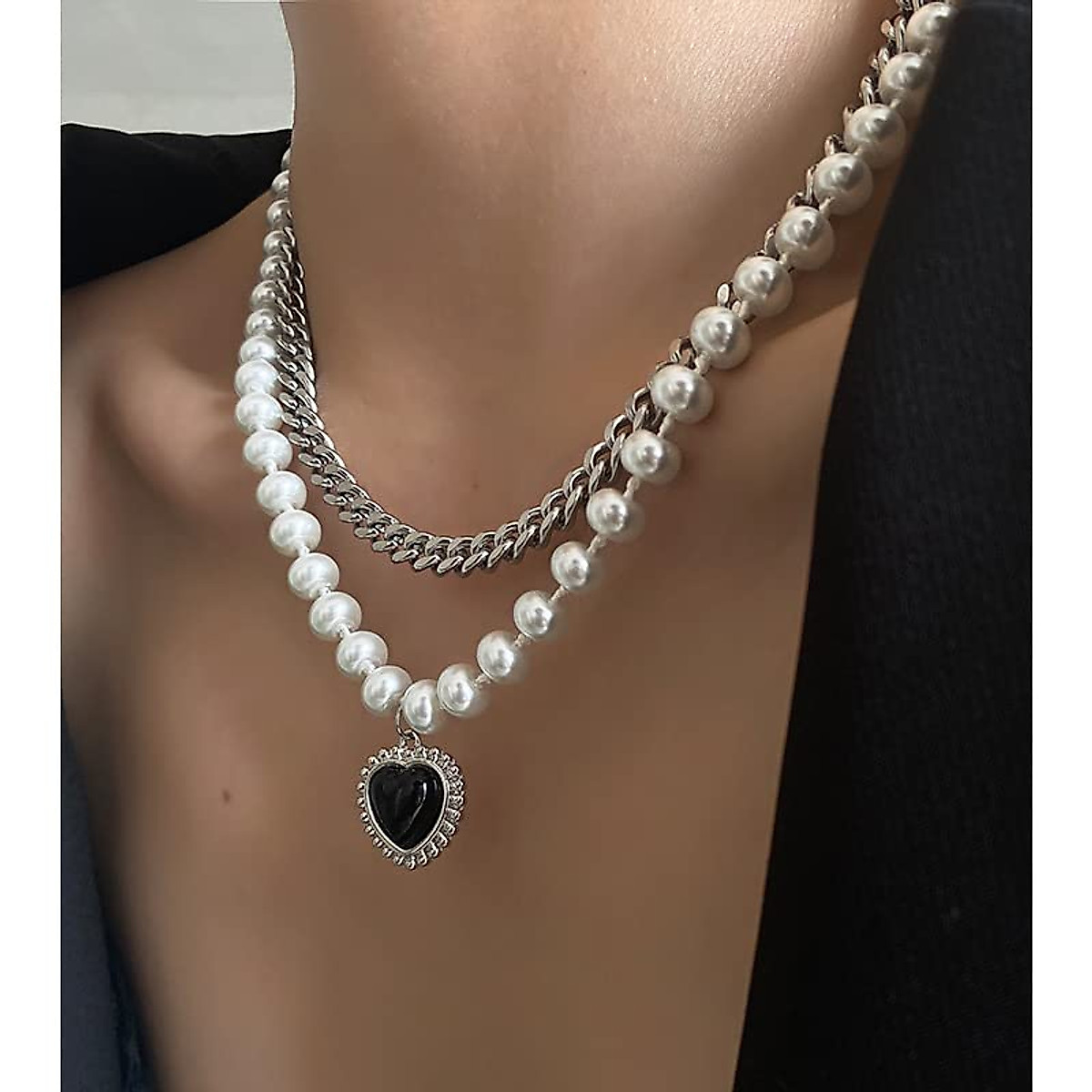 Women Y2K Aesthetic Heart Charm Faux Pearl Layered Chain Necklace Gothic Choker Necklace Jewelry Punk Y2k Fashion Outfit Retro Fairy Grunge Accessories, Black Heart, One Size