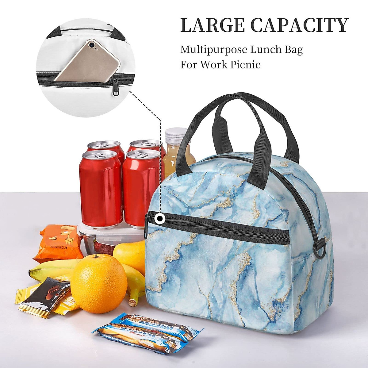 Blue Marble With Gold Glitter Marbling Texture Lunch Bag Reusable Insulated Lunch Tote Bag Lunchbox Container With Adjustable Shoulder Strap For Office Work School Picnic Travel