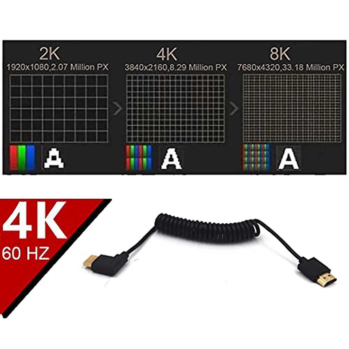 Kework 3.9ft HDMI 4K Coiled Cable, HDMI 2.0 Version HD High Speed Cable, 90 Degree Right Angle HDMI Male to HDMI Male Adapter Spring Spiral Cord, 4k 60HZ (Right Angle)