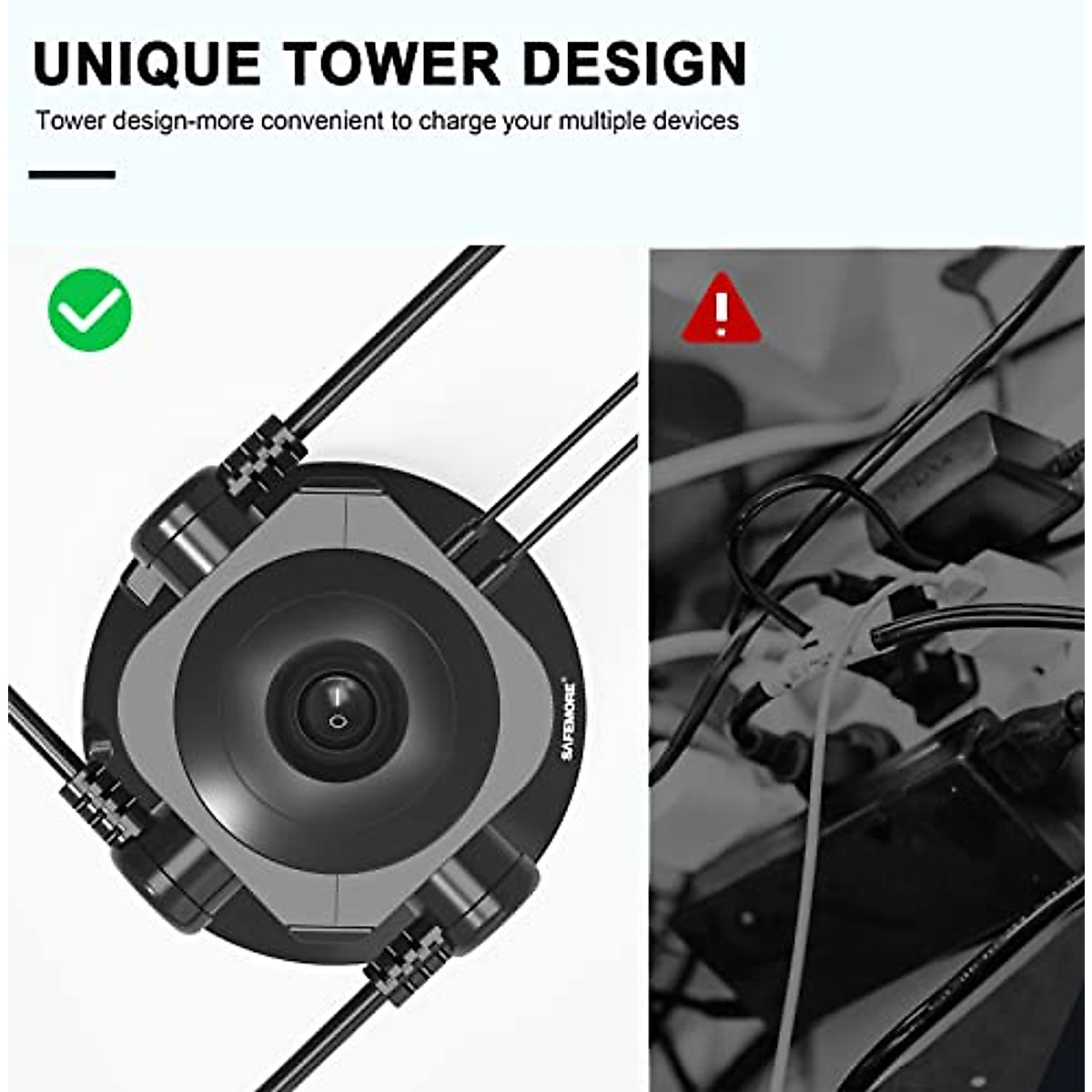 4 Side Power Strip Tower SAFEMORE with 7 Widely Outlets / 2 USB Ports, Flat Plug 6ft Charging Station for Home & Office (Black)