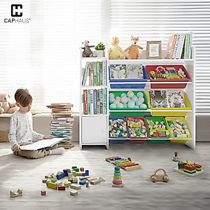 Fencer Wire Toy Organizer Bookcase with 8 White Plastic Bins, Perfect Storage Solution, for Toddler, Storage Cabinet, Playroom Organization and Storage, Toy Organizers and Storage Bins, White