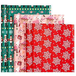 WRAPAHOLIC Christmas Wrapping Paper Roll - Mini Roll - 3 Rolls - 17 Inch X 120 Inch Per Roll - Nutcracker, House, Snowflake Holiday Collection