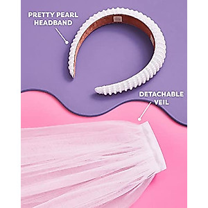 xo, Fetti Bachelorette Party Decorations Pearl Headband with Detachable Veil | White Headpiece Bridal Shower Gift, Bridesmaid Favors