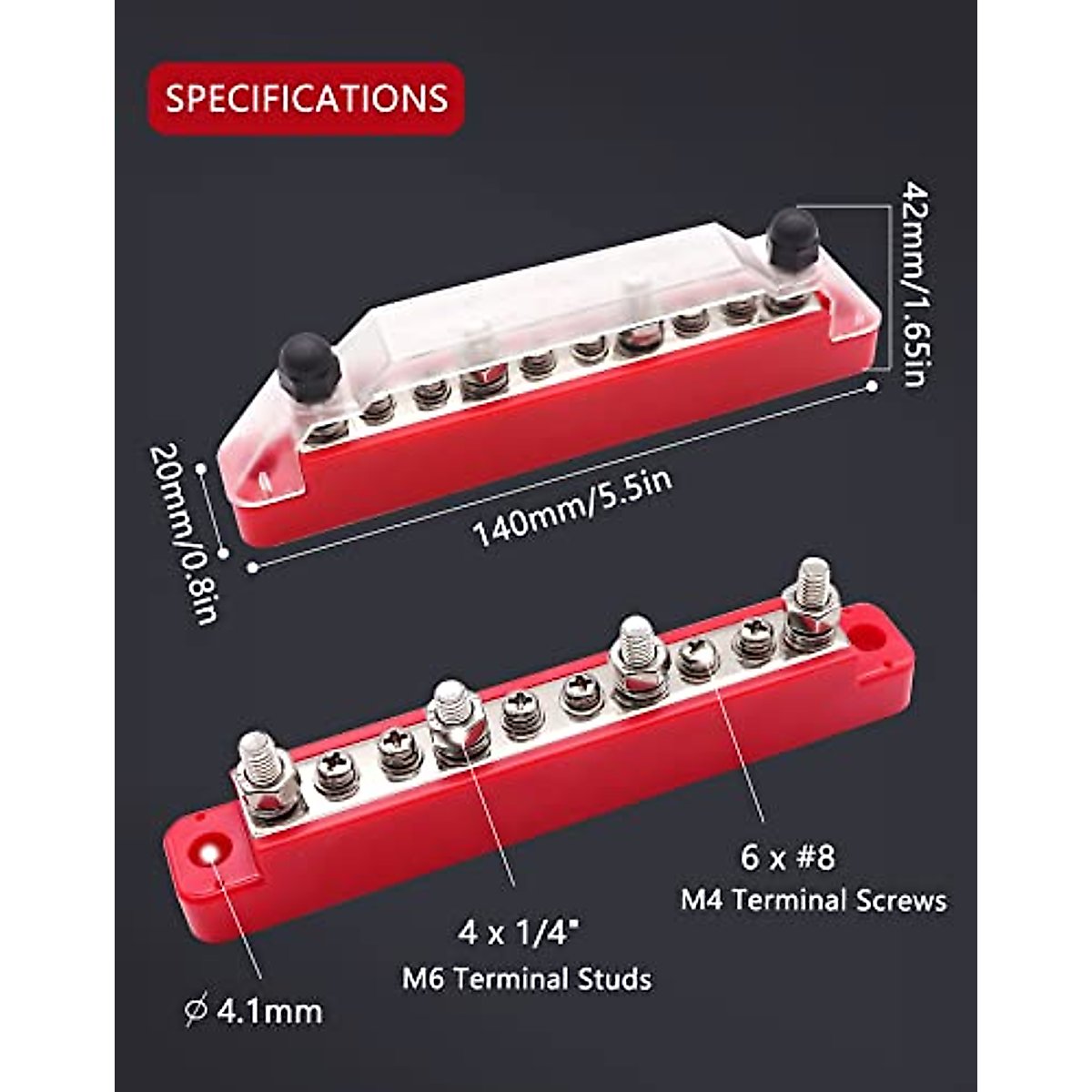 Aienxn Red Battery Bus Bar 4 x M6 Terminal Studs, 6 x M4 Terminal Screws, 12V Power Distribution Block with Ring Terminals for Car, RV, Boat, Marine Q-O-038-10-B-R